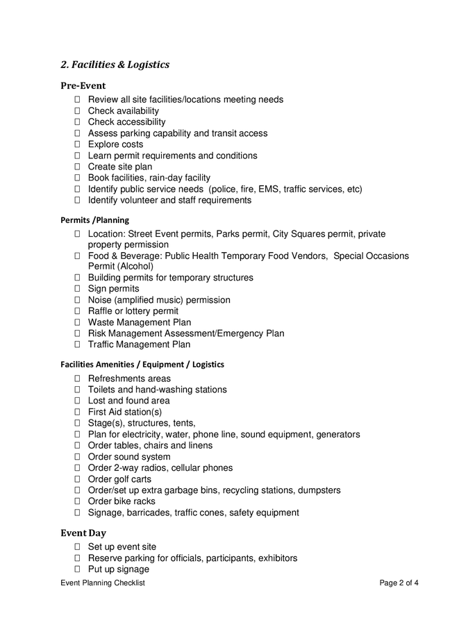 Event planning checklist in Word and Pdf formats - page 2 of 4