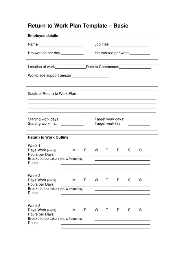  Return To work Plan Template In Word And Pdf Formats