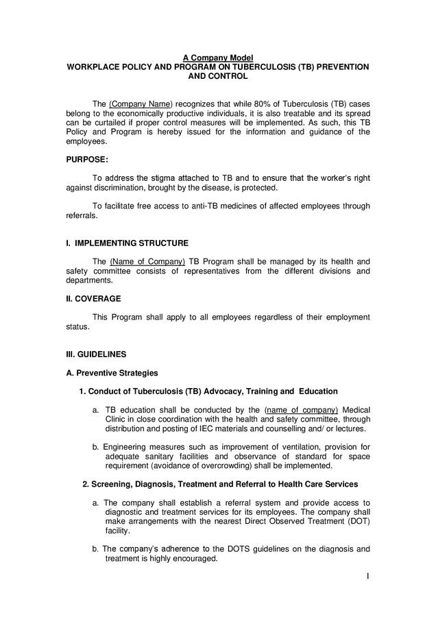 Workplace policy and program on tuberculosis prevention and control ...