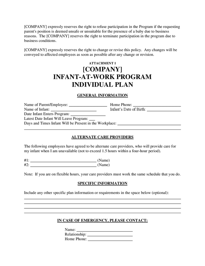Infant-at-work program template and forms in Word and Pdf formats ...