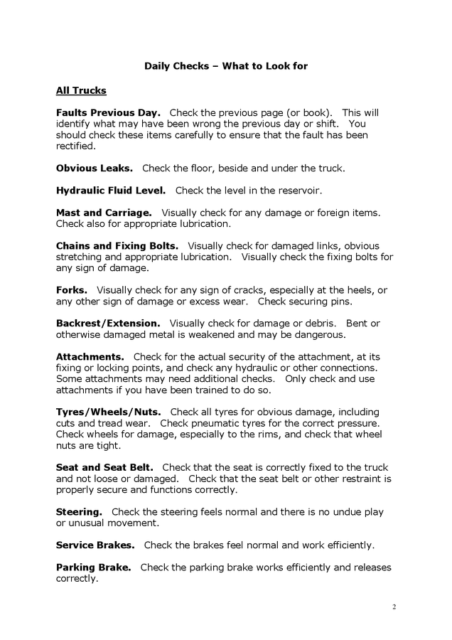 Fork lift truck routine / pre use checklist in Word and Pdf formats ...