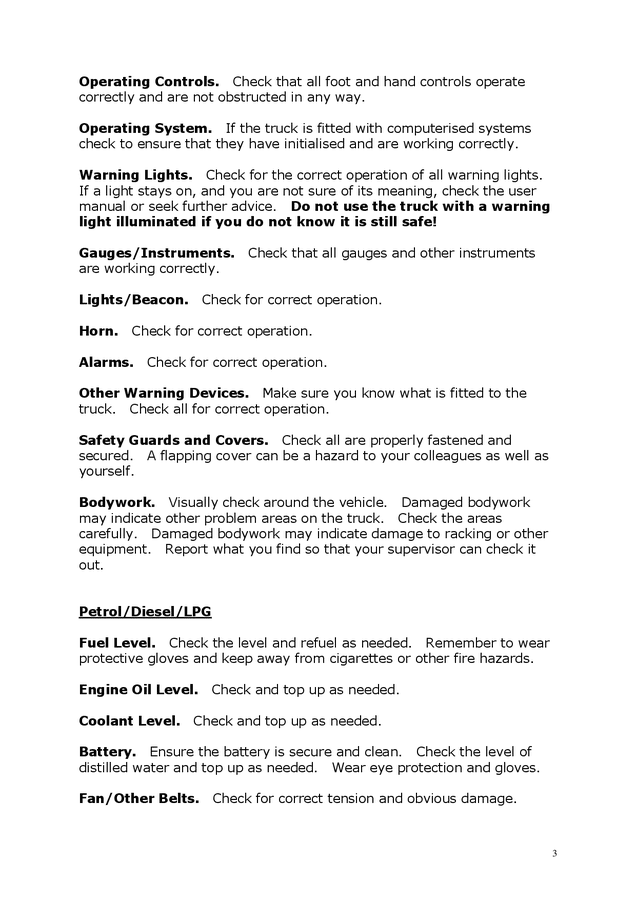 Fork lift truck routine / pre use checklist in Word and Pdf formats ...