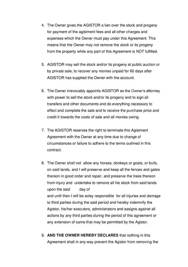 Agistment agreement template in Word and Pdf formats - page 2 of 6