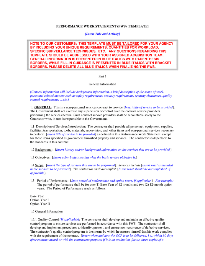 Performance work statement (PWS) template in Word and Pdf formats