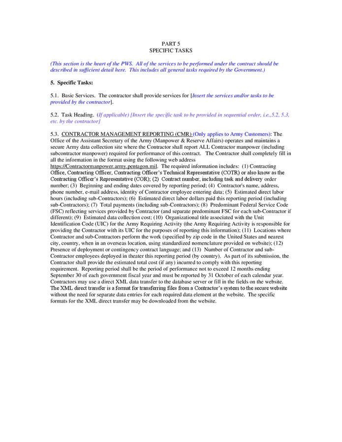 Performance work statement (PWS) template in Word and Pdf formats ...