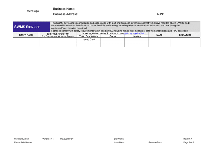 Safe work method statement (SWMS) template in Word and Pdf formats ...