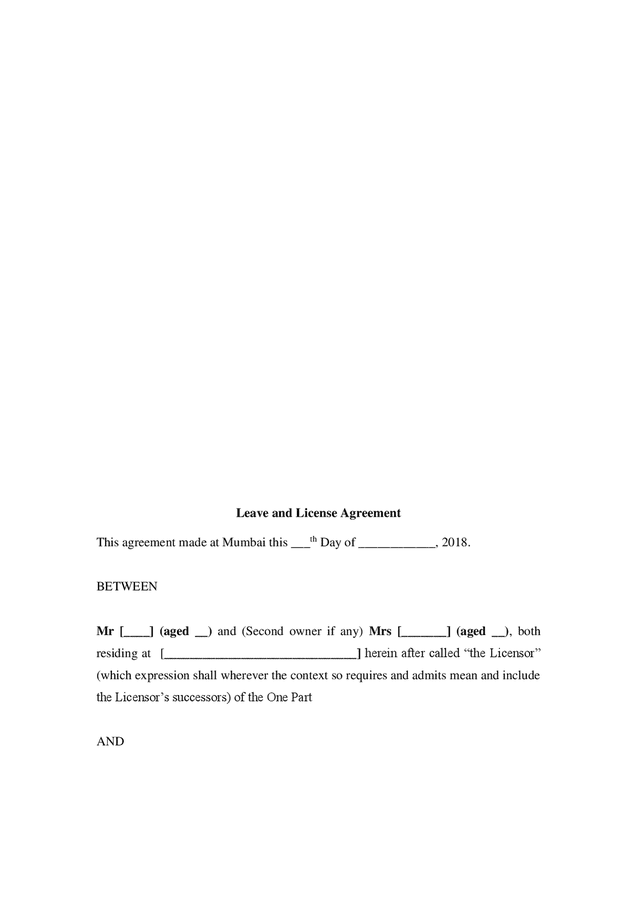Leave and License Agreement (India) in Word and Pdf formats