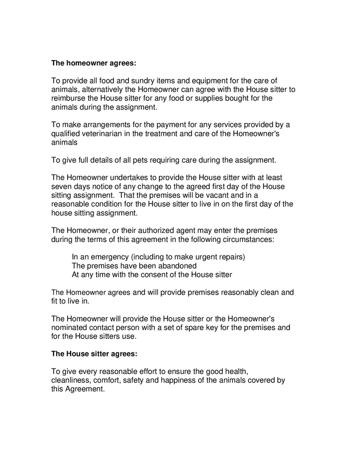 House sitting agreement in Word and Pdf formats - page 2 of 16