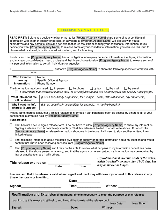 Client limited release of information form in Word and Pdf formats