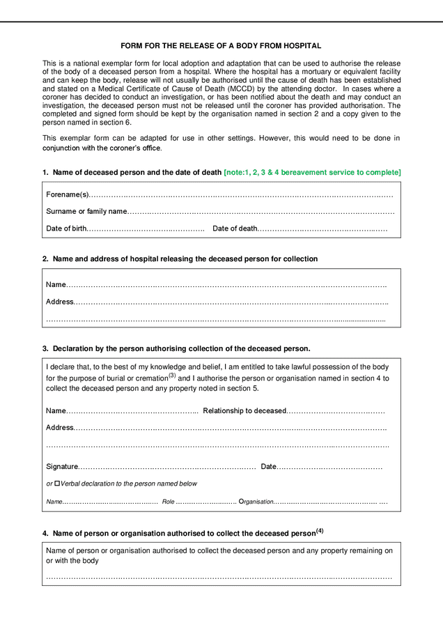 Form for the release of a body from hospital (Great Britain) in Word ...