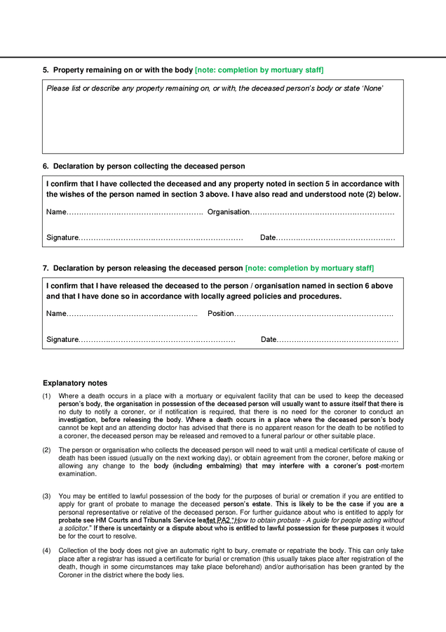 Form for the release of a body from hospital (Great Britain) in Word ...
