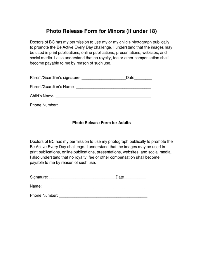 Photo release form for minors in Word and Pdf formats