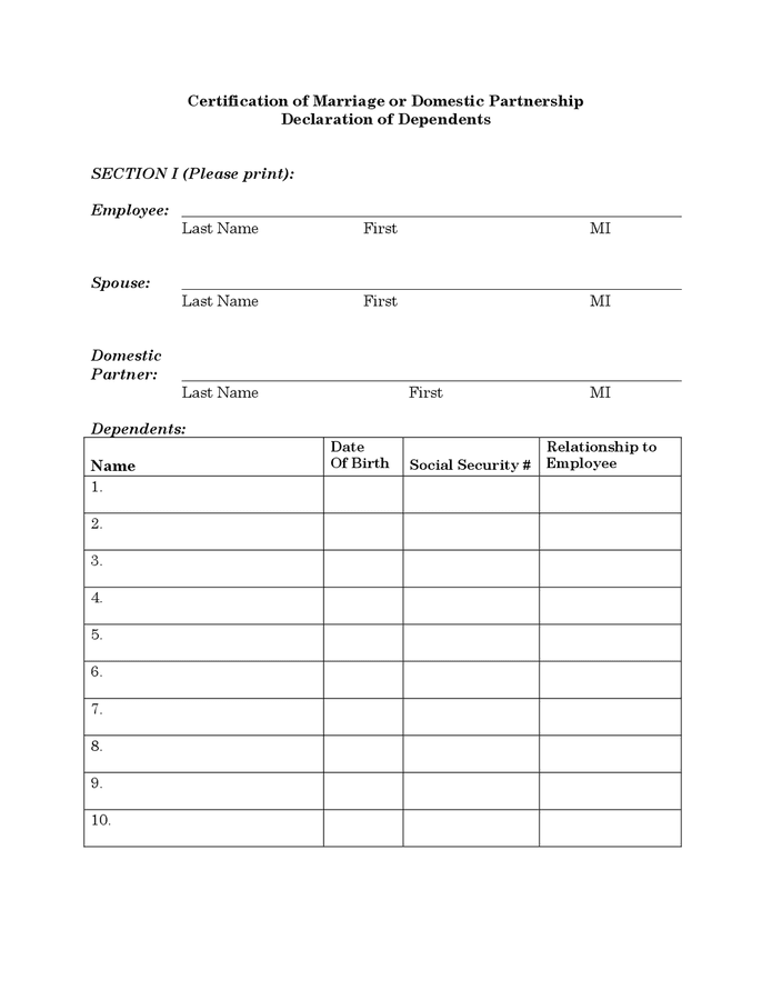 Certification of marriage or domestic partnership in Word and Pdf formats