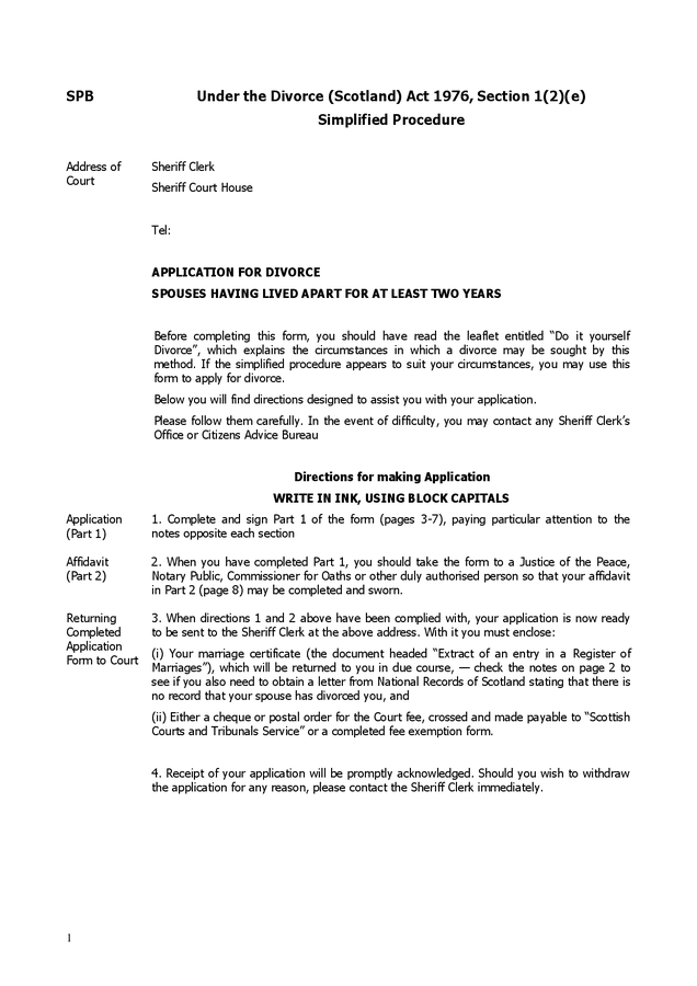 Application for divorce spouses having lived apart for at least two ...