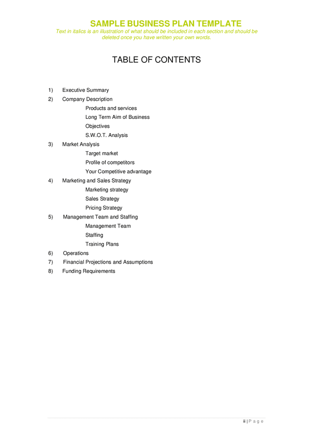 Sample business plan template in Word and Pdf formats - page 2 of 13