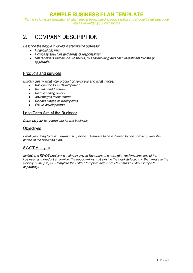 Sample business plan template in Word and Pdf formats - page 4 of 13