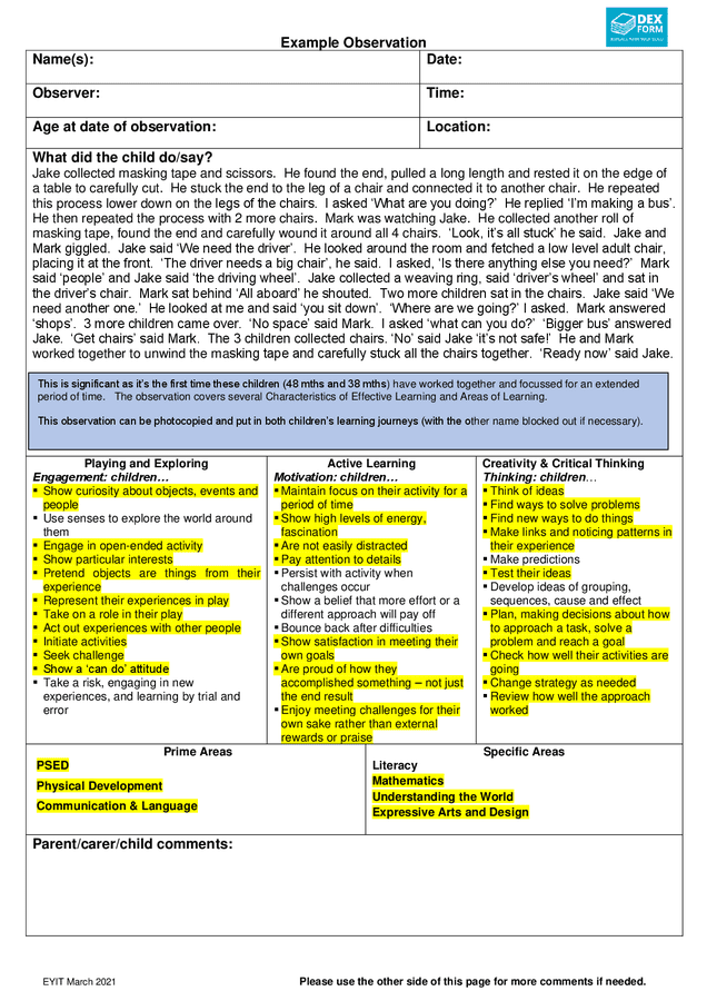 Observation template for education in Word and Pdf formats