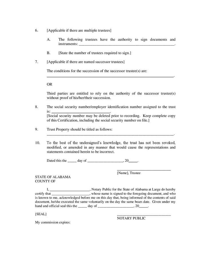 Certificate of trust (Alabama) in Word and Pdf formats - page 2 of 2