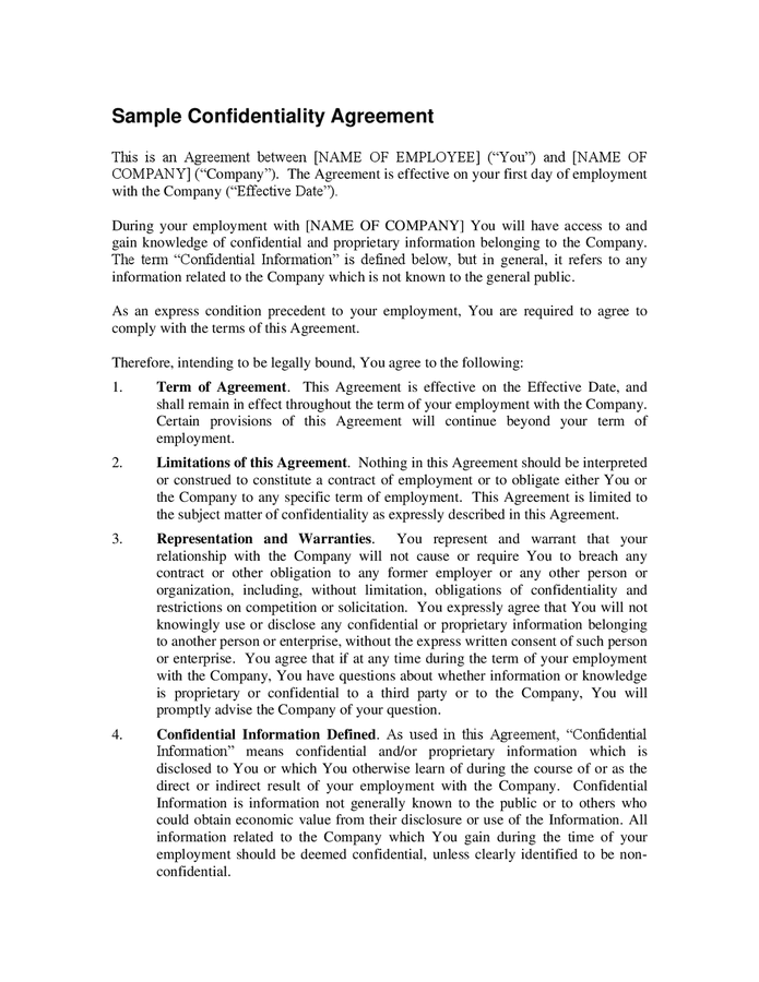 Sample confidentiality agreement in Word and Pdf formats