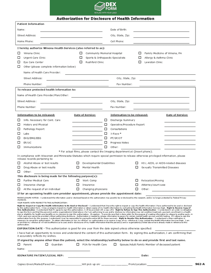 Authorization for disclosure of health information in Word and Pdf formats