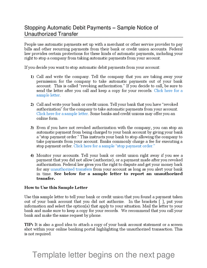 Sample notice of unauthorized transfer in Word and Pdf formats