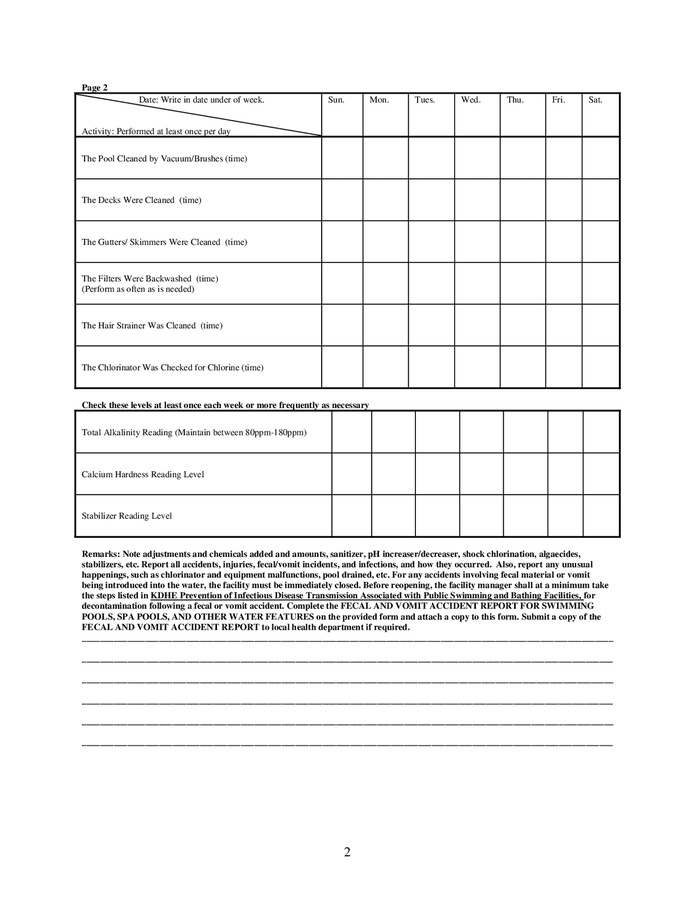 Swimming pool daily records log in Word and Pdf formats - page 2 of 2