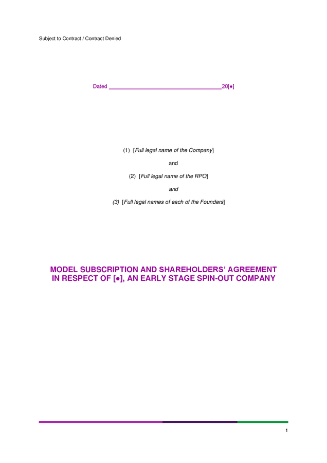 Model subscription and shareholders' agreement in Word and Pdf formats
