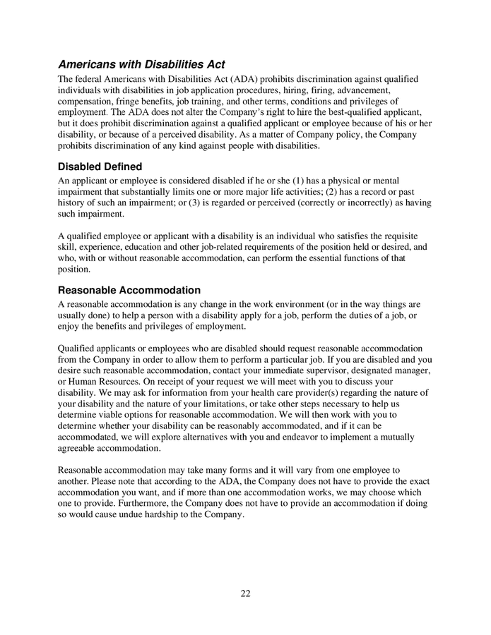 Employee handbook sample in Word and Pdf formats - page 22 of 38