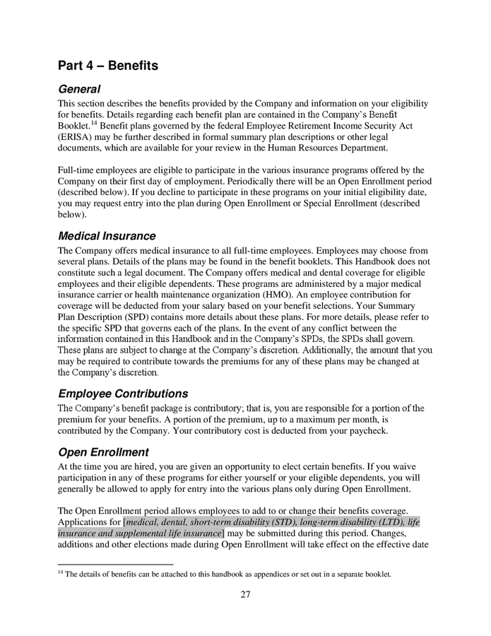 Employee handbook sample in Word and Pdf formats - page 27 of 38