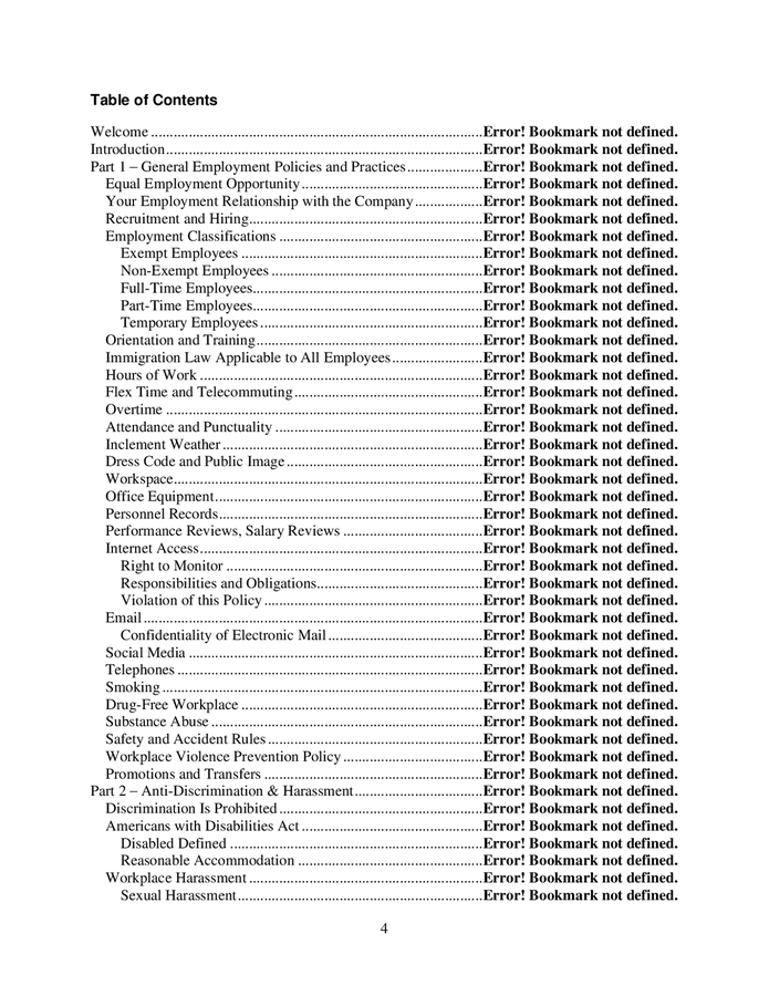 Employee handbook sample in Word and Pdf formats - page 4 of 38