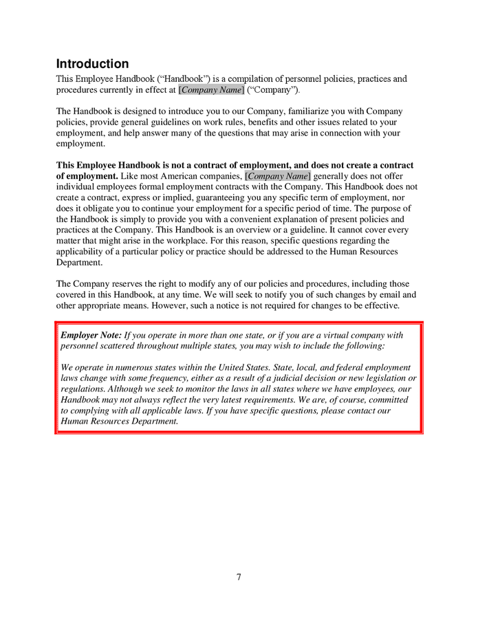 Employee handbook sample in Word and Pdf formats - page 7 of 38