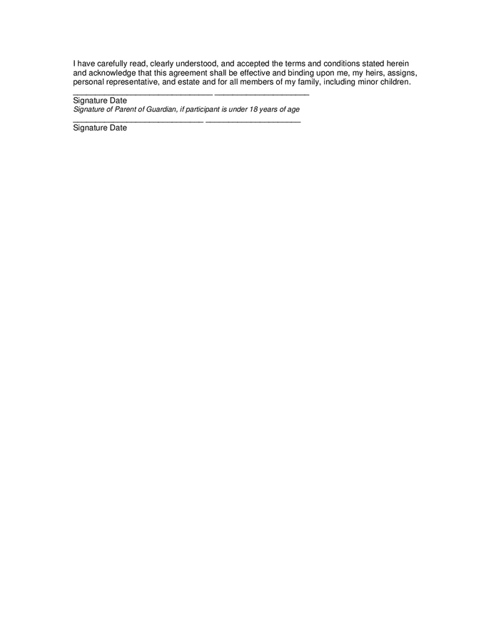 Acknowledgement of risk form in Word and Pdf formats - page 2 of 2