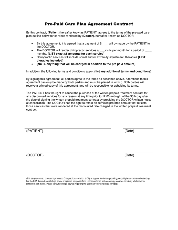 Pre-paid care plan agreement contract in Word and Pdf formats