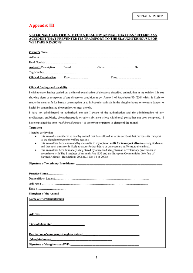 Veterinary certificates examples in Word and Pdf formats