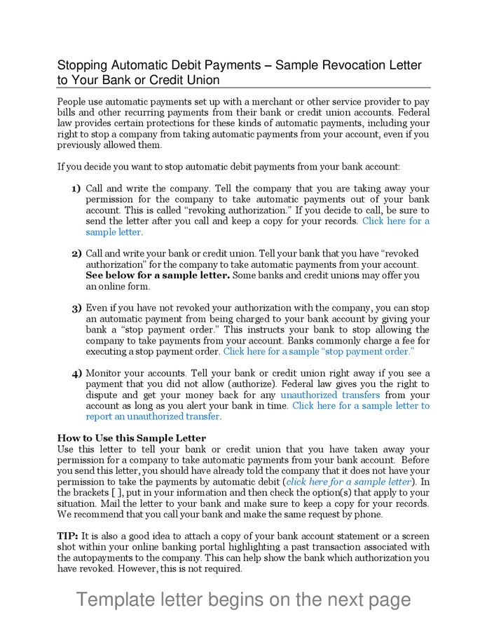 Sample Revocation Letter For Stopping Automatic Debit Payments In Word