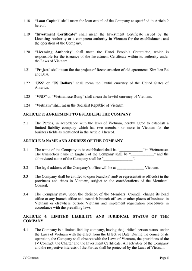 Joint venture contract (Vietnam) in Word and Pdf formats - page 6 of 21