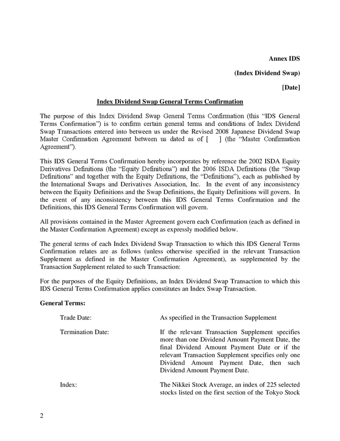 Japanese dividend swap master confirmation agreement in Word and Pdf ...