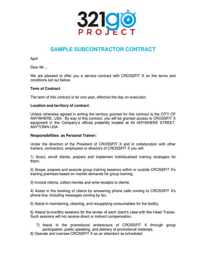 Sample subcontractor contract in Word and Pdf formats