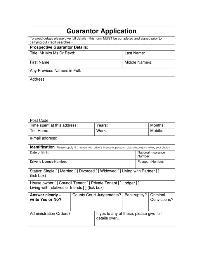 Guarantor application (Great Britain) in Word and Pdf formats
