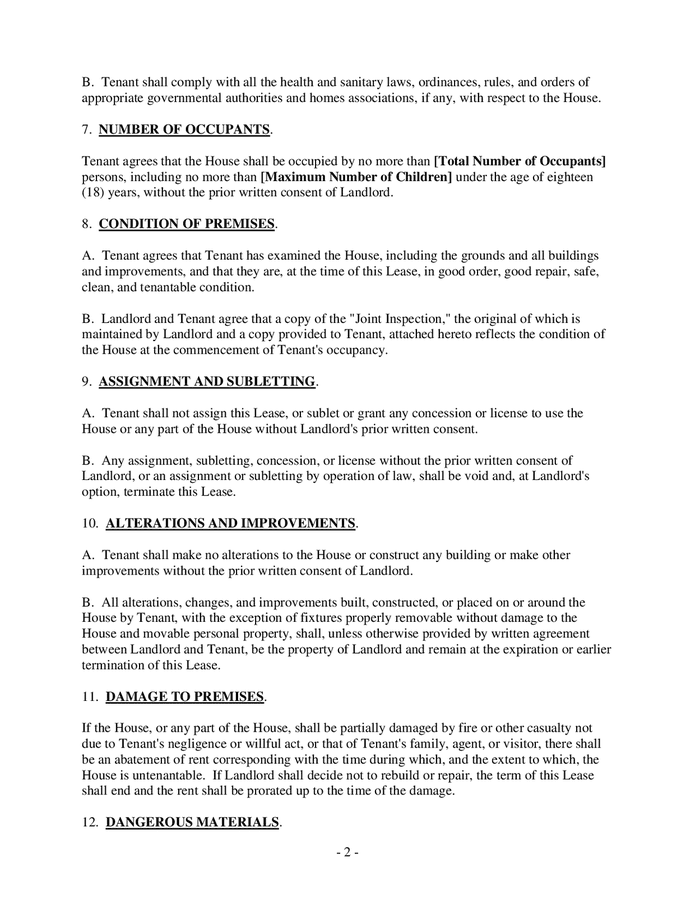 Residential house lease agreement in Word and Pdf formats - page 2 of 8
