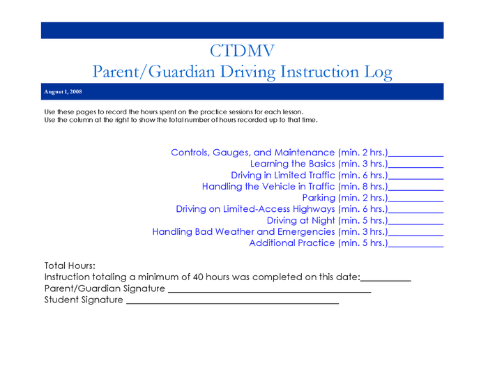 Parent or guardian driving instruction log in Word and Pdf formats