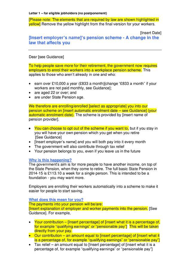 Pension scheme letter to jobholders (Great Britain) in Word and Pdf formats
