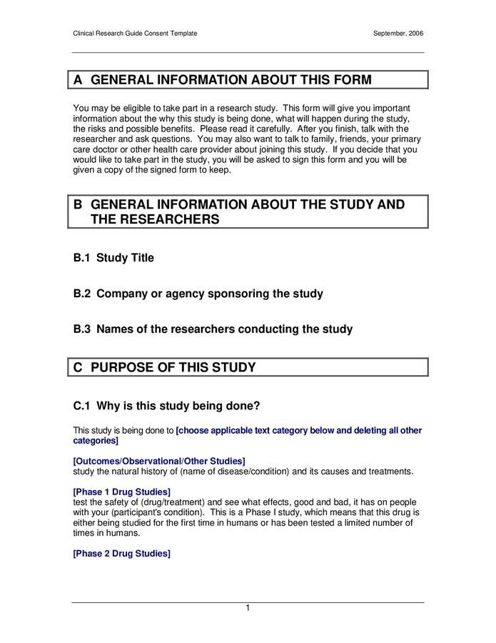Clinical research guide consent template in Word and Pdf formats