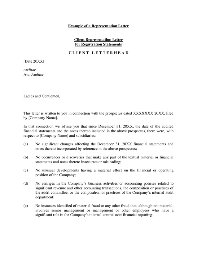 Example of a representation letter - auditor in Word and Pdf formats