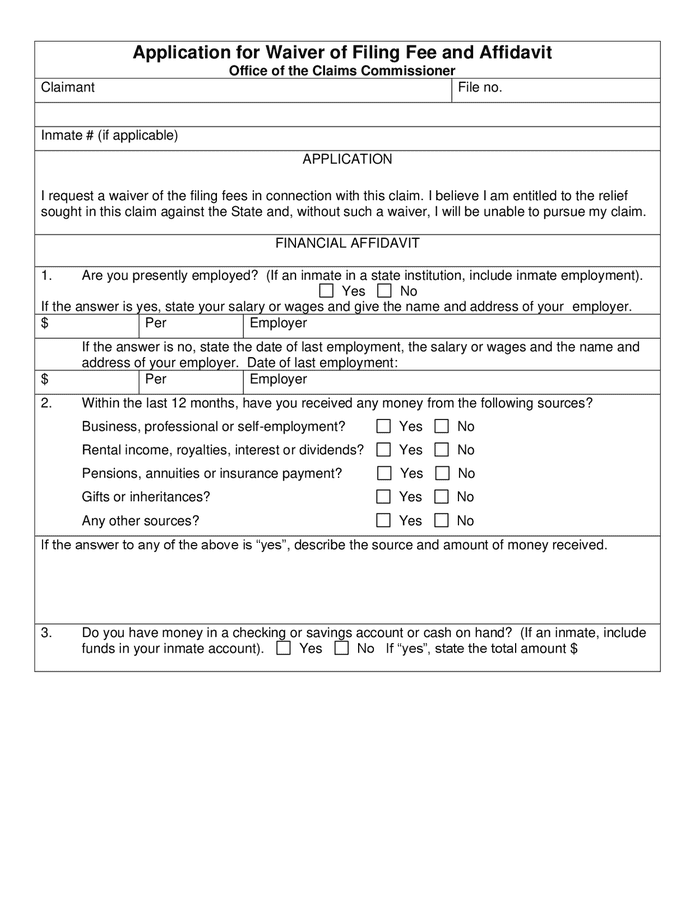 Application for waiver of filing fee and affidavit (Connecticut) in ...