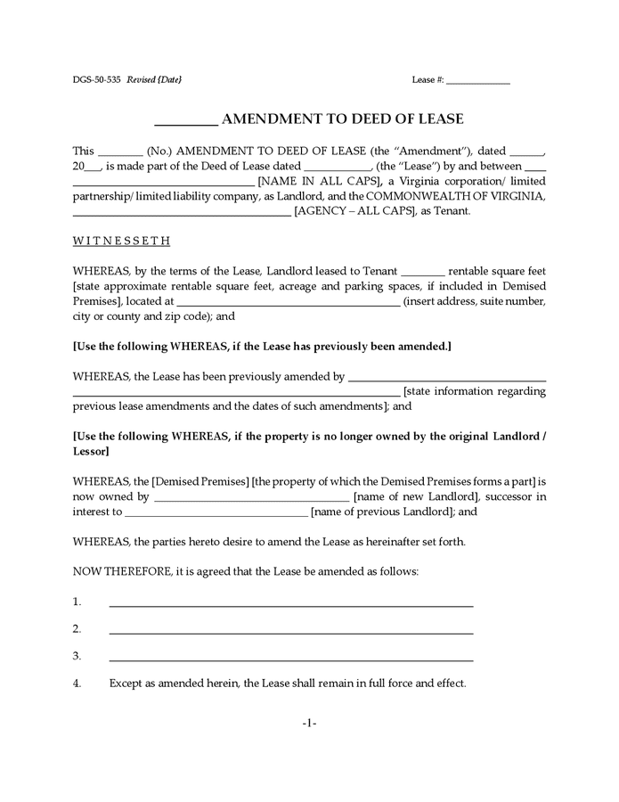 Amendment to deed of lease (Virginia) in Word and Pdf formats