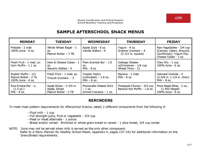 Afterschool snack menus sample in Word and Pdf formats