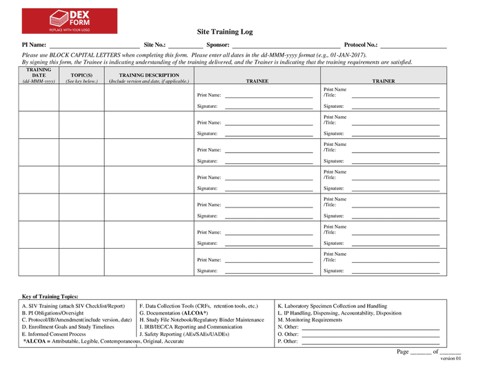 Site training log in Word and Pdf formats