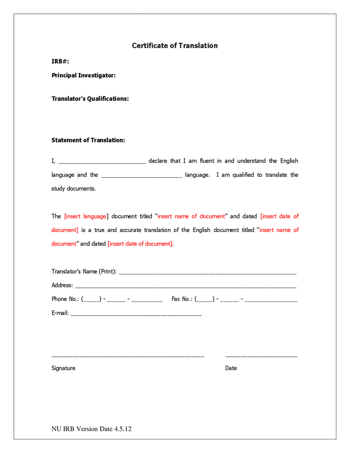 Certificate Of Translation Template Astra edu pl