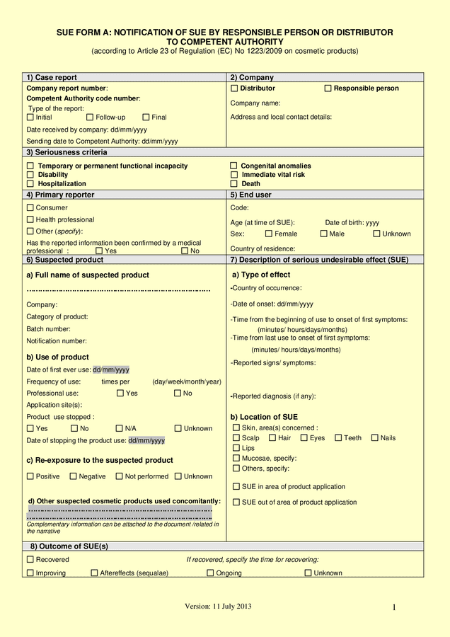 Notification of sue form A (Europe) in Word and Pdf formats